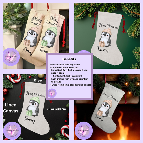 Personalised Christmas Stocking with Penguin Design – Custom Name Line ...